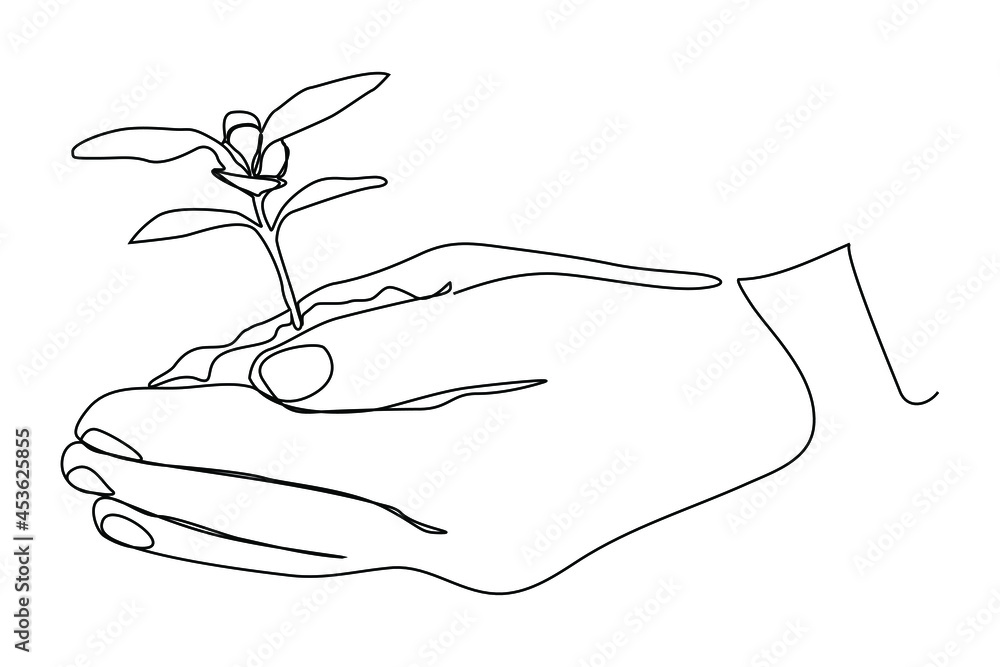 continuous line drawing return to nature with hands holding trees ...