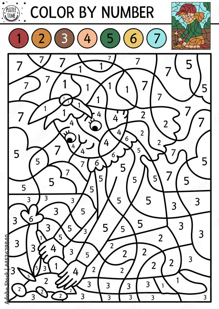 Vector spring color by number activity with girl planting flower ...