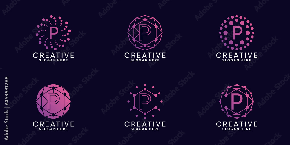 Set bundle monogram logo design technology initial letter p with unique ...