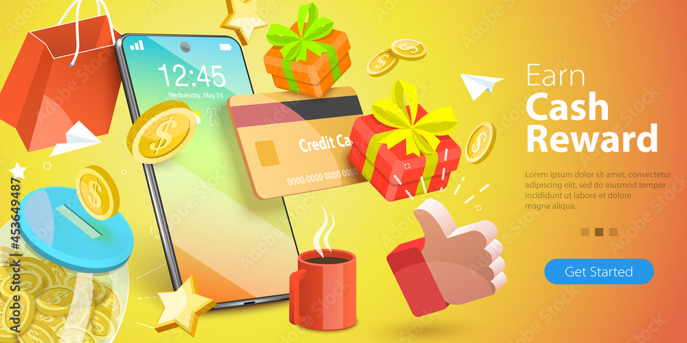 3D Vector Conceptual Illustration of Earn Cash Reward, Loyalty and ...