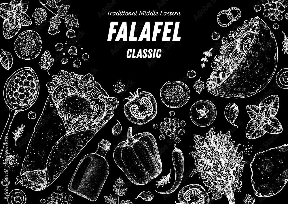 Falafel cooking and ingredients for falafel, sketch illustration ...