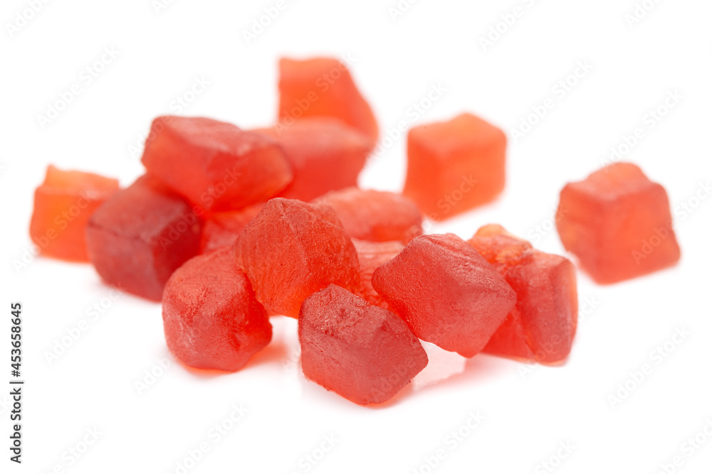 Micro close-up and details of Organic Indian red tutti frutti sweet ...