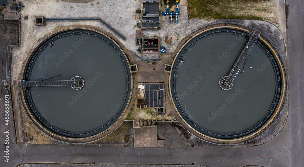 Aerial view of a sewage and waste water treatment works in the UK Stock ...