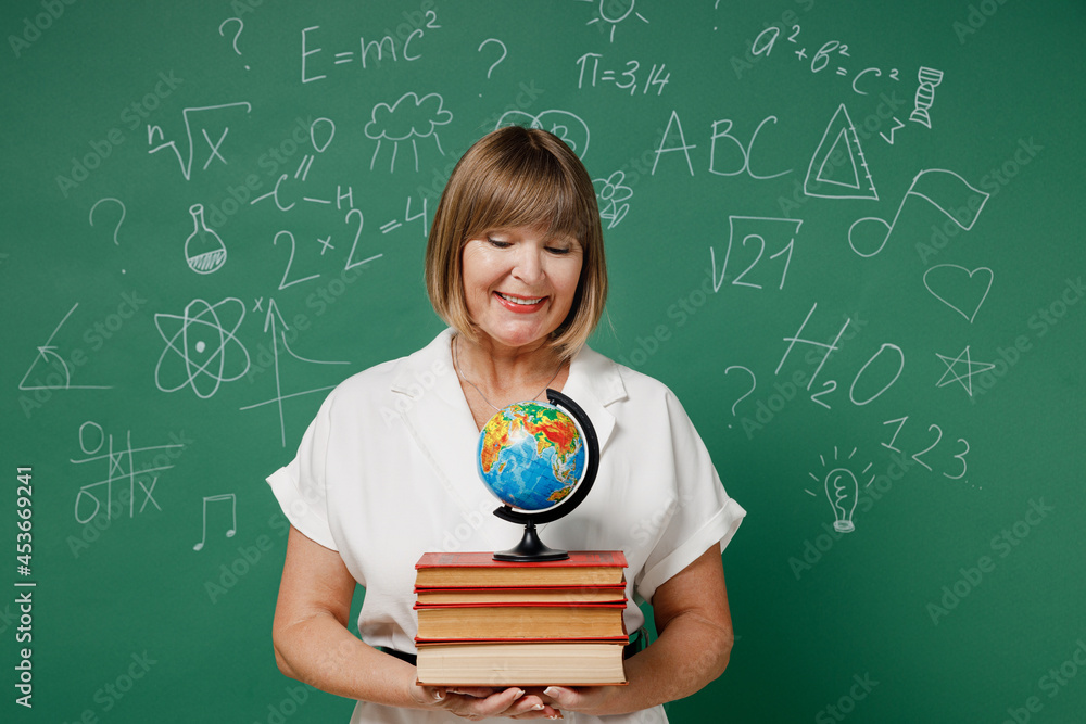 Excited happy teacher mature elderly lady woman 55 wear white shirt ...