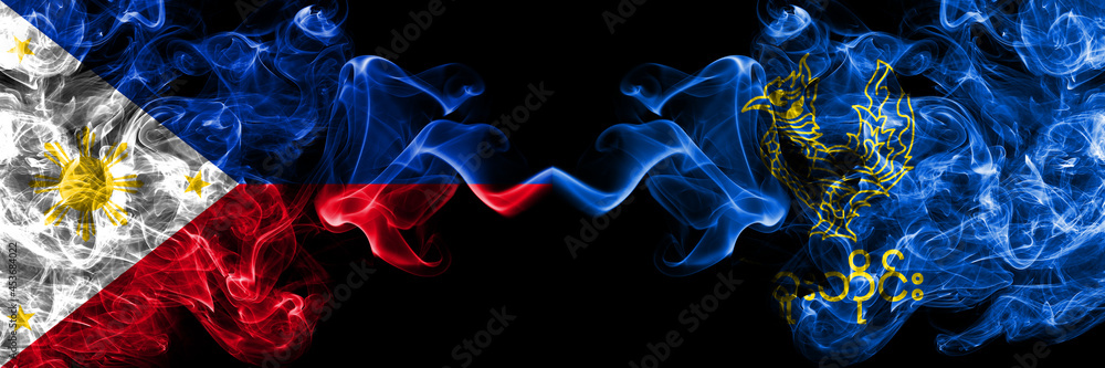 Philippines, Filipino vs Myanmar, Bago Division smoke flags side by ...