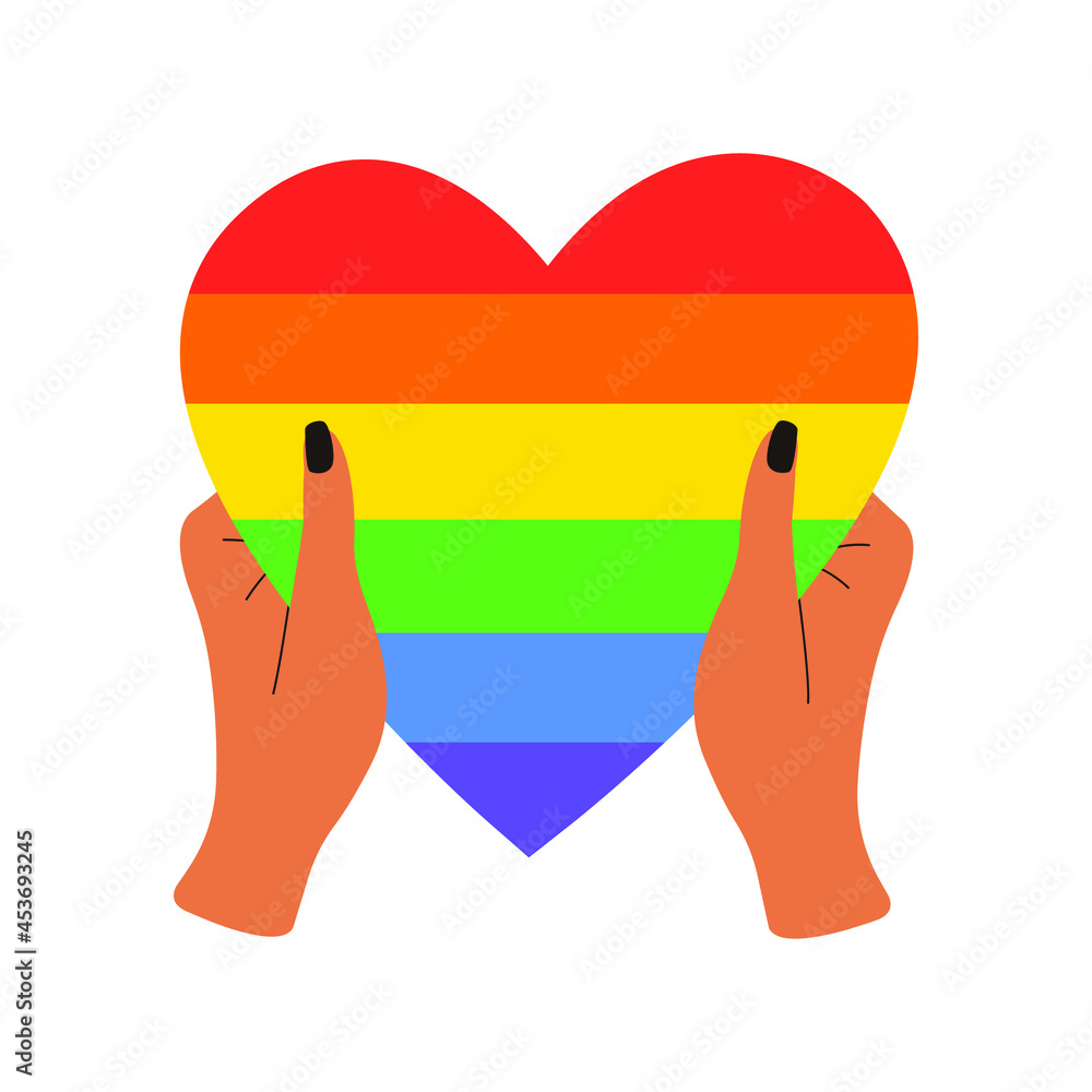 Vector illustration of a rainbow heart in the palms, a symbol of the ...