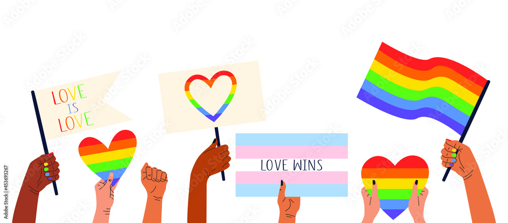 Flat illustration of hands holding banners, flags with LGBT symbols and ...