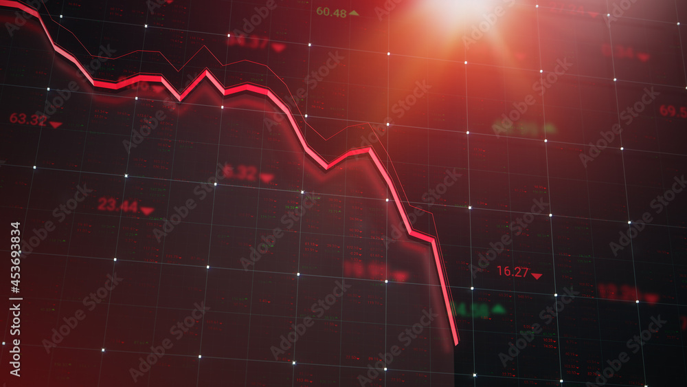 Animated stock market financial graph with red downtrend line ...