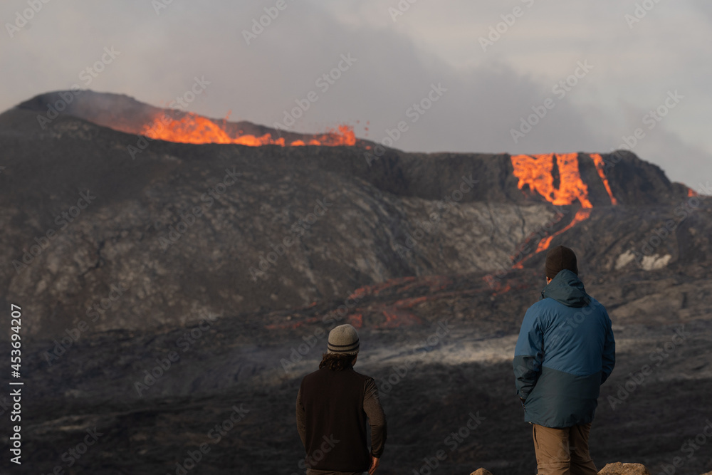 Beautiful view of the Active Grindavik Volcano with red Lava and ...