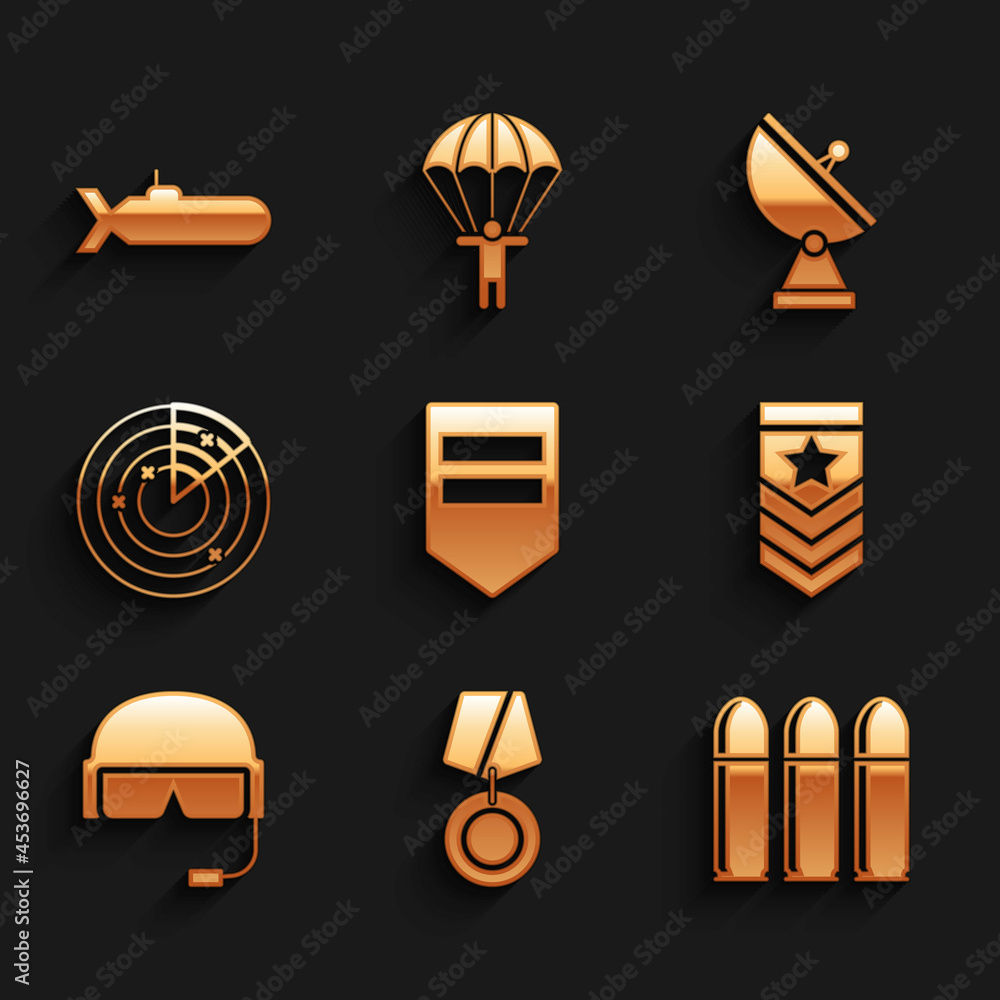 Set Chevron, Military reward medal, Bullet, helmet, Radar with targets ...