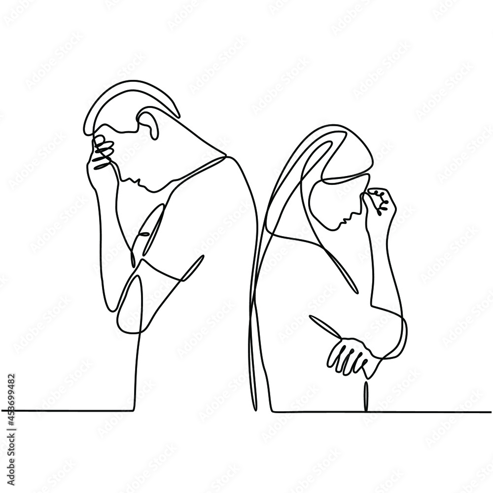Continuous line drawing of man and woman suffering from depression in ...
