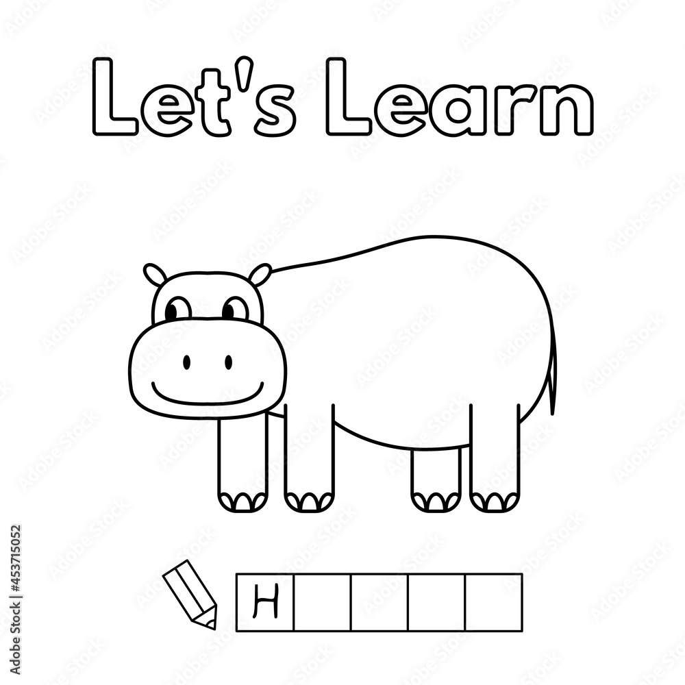 Cartoon hippo learning game for small children - color and write the ...