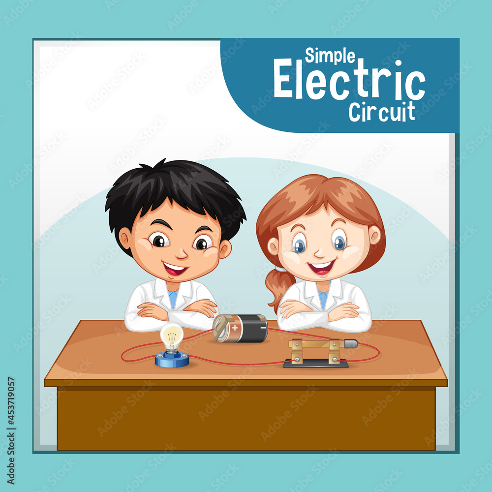Simple electric circuit with scientist kids cartoon character Stock ...