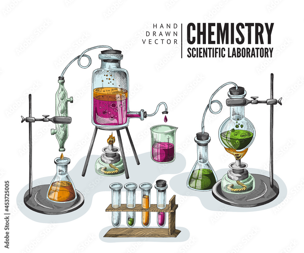 Color hand drawn sketch vector illustration of equipment for chemical ...
