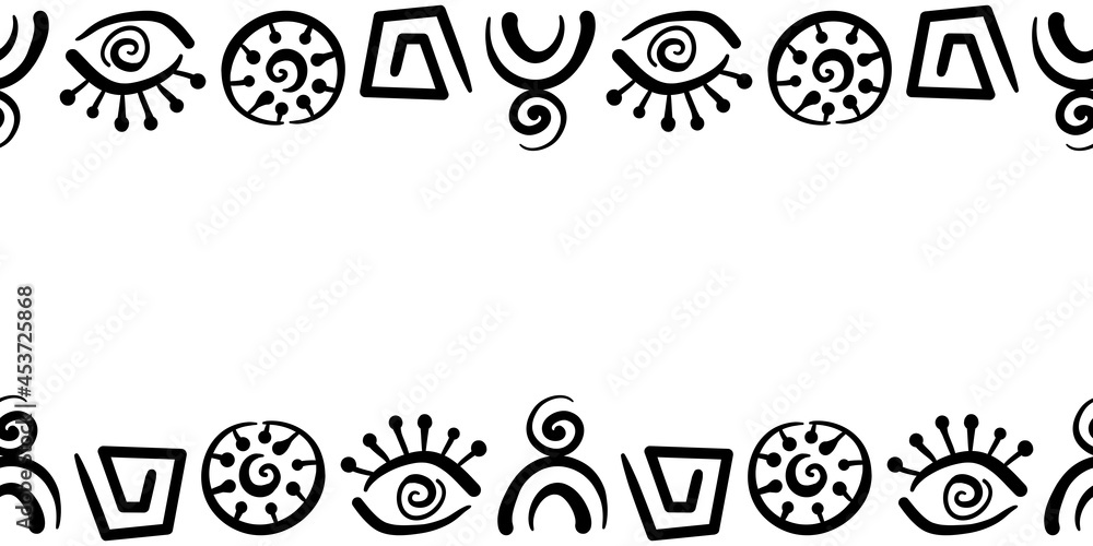 Vector doodles of ancient ethnic traditional symbols. Seamless border ...