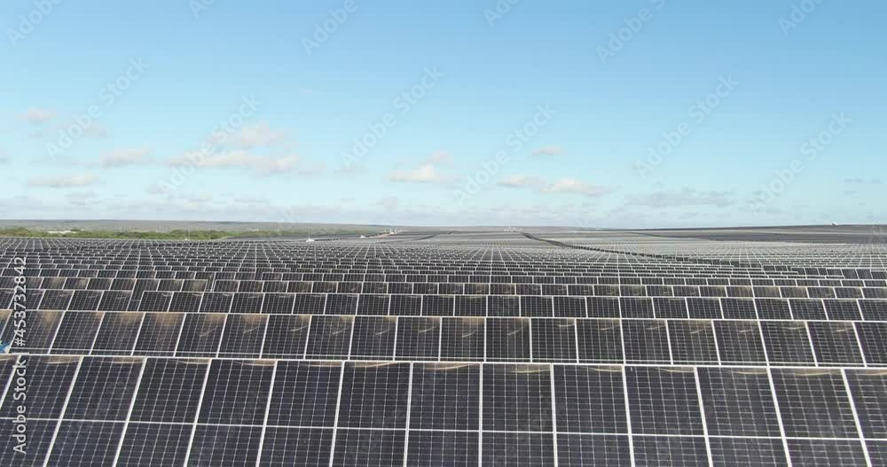 Solar panels farm drone shot. Aerial background view of sun collecting ...