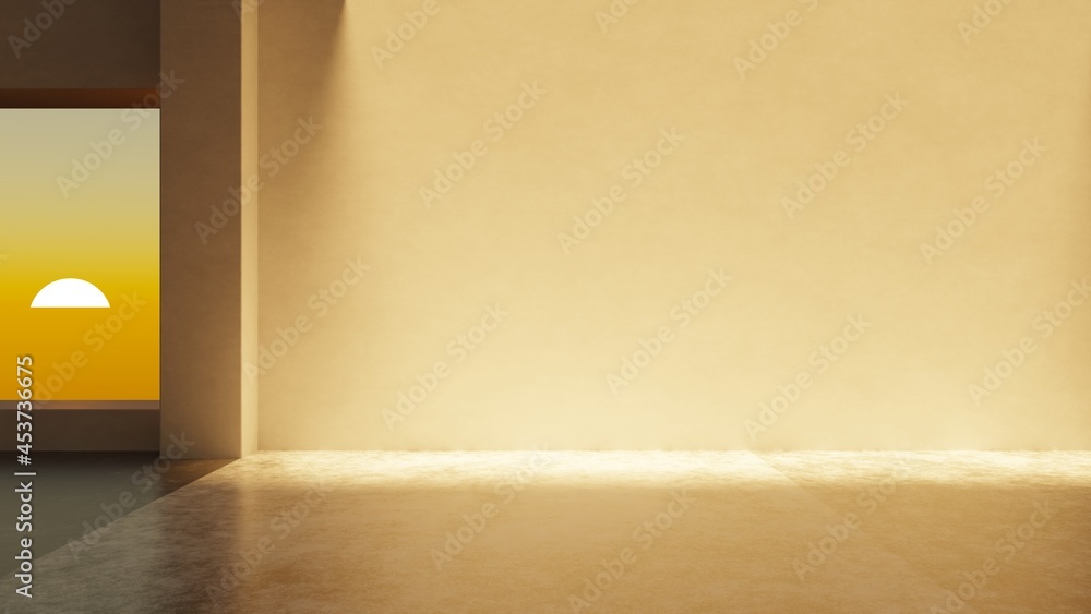 Abstract empty room with wall and window. Sunset and warm light. 3D ...