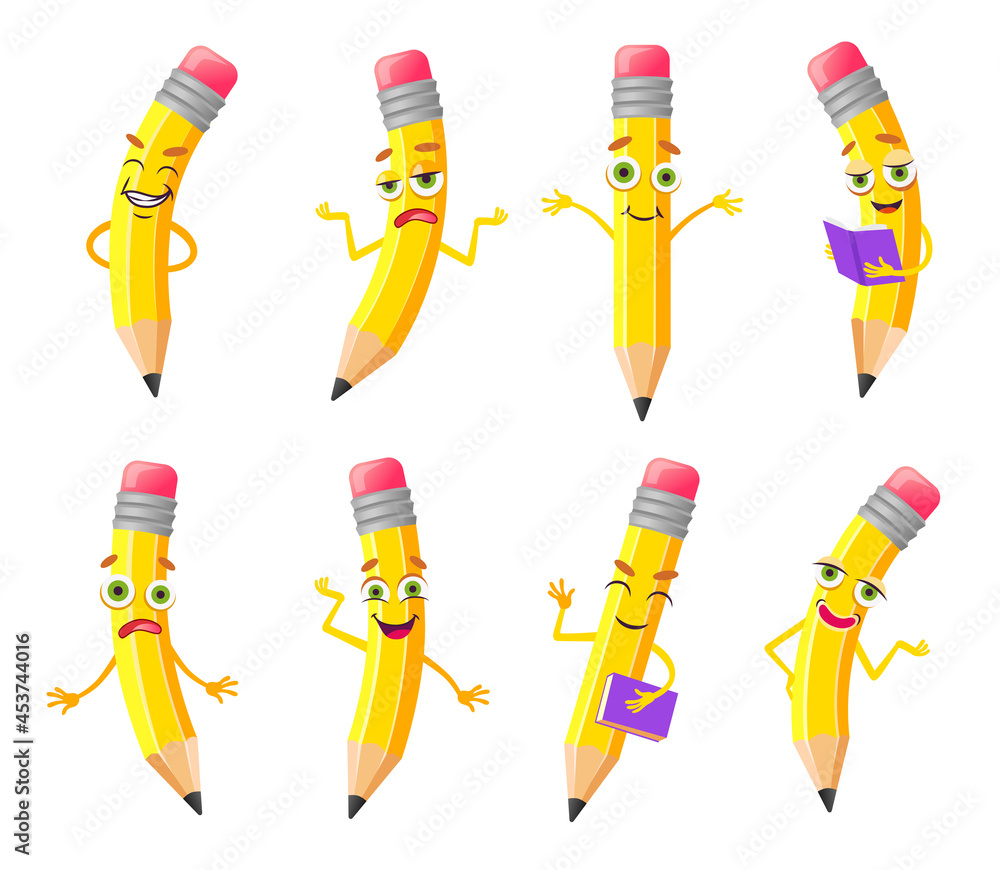 Cute pencil cartoon character vector illustrations set. Funny and happy ...