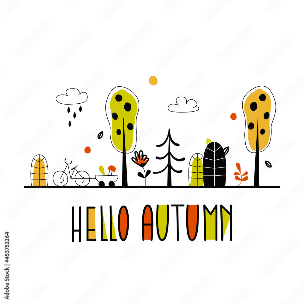 Hello autumn vector illustration. Outline cartoon landscape. Hand Drawn ...