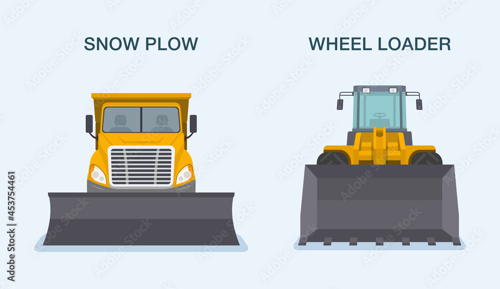 Poster Isolated yellow snow plow and wheel loader truck front view ...