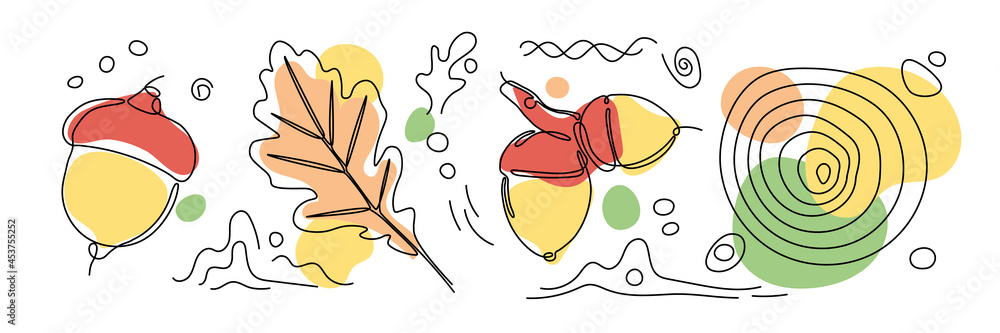 One line drawing vector fall oak leaves and acorns. Single line tree ...