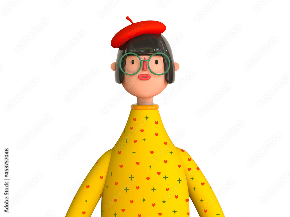 Portrait of cartoon french girl in red beret and round glasses. Close ...