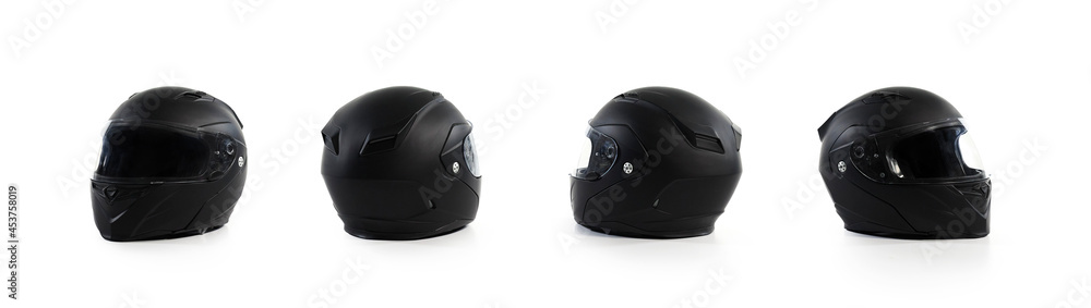 Set collection of black motorcycle helmet on a white background, front ...