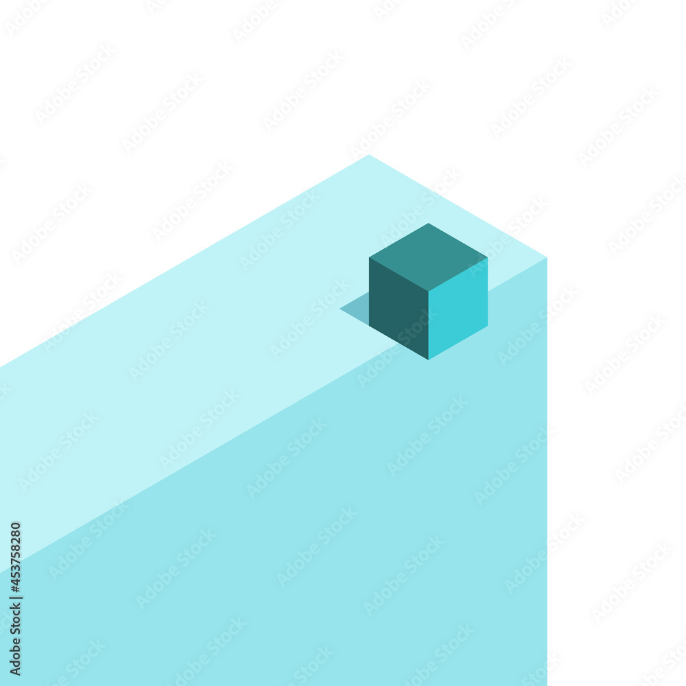 Isometric turquoise blue cube on the edge of cliff or pedestal ...