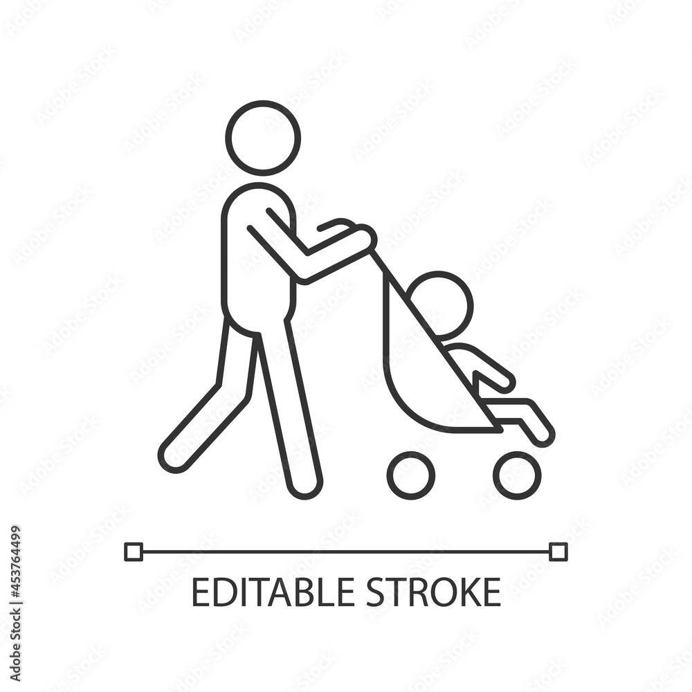 Walking with stroller linear icon. Early bonding time with newborn ...