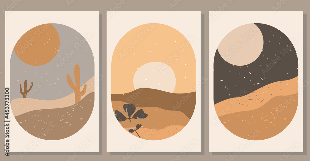 Set of abstract minimalist desert landscape posters. Contemporary ...
