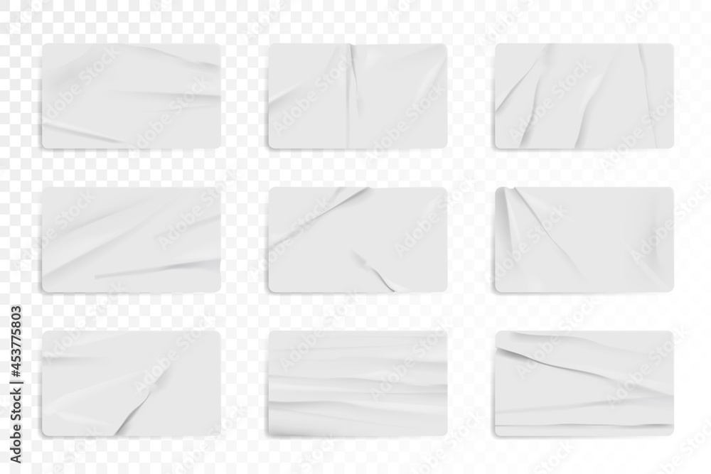 White glued crumpled rectangle sticker mockup set. Blank paper or ...