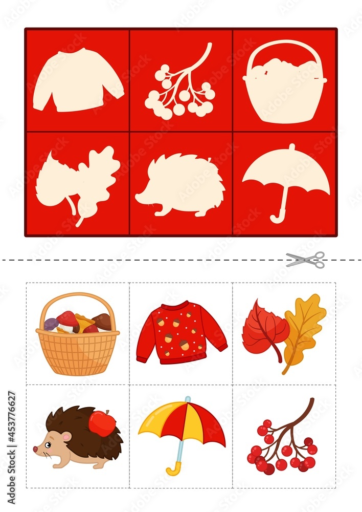 Educational game for children. Find the right shadow. Cut out and glue ...