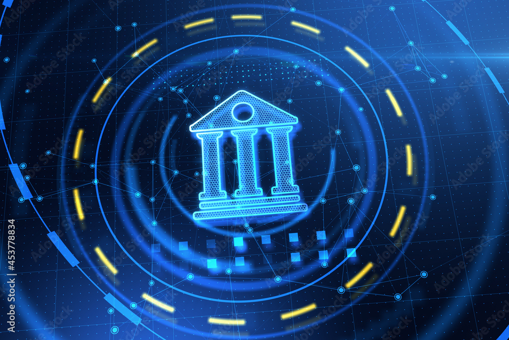 Glowing blue digital bank icon on blue background. Online banking and ...