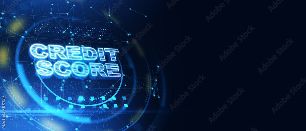 Creative glowing credit score hologram on blue background with dark ...