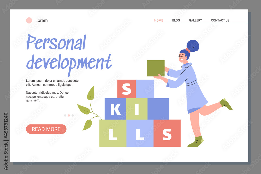 Web template about personal development with illustration of girl who ...