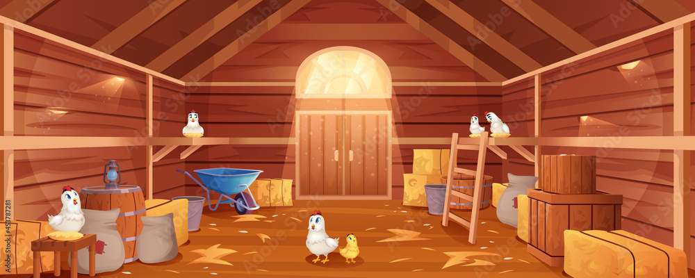Cartoon barn interior with chickens, straw and hay. Farm house inside ...