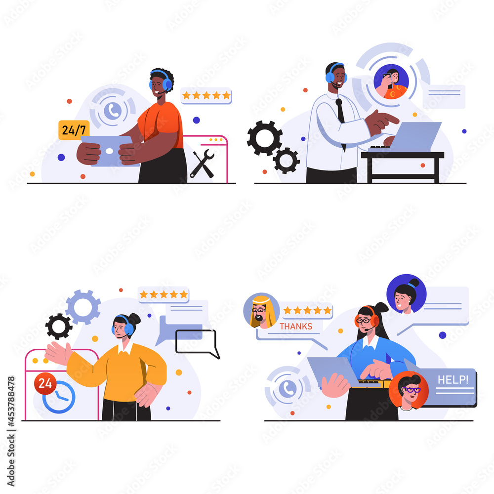 Customer service concept scenes set. People in headsets consult ...