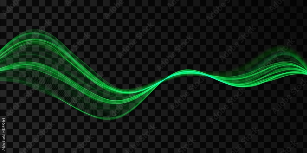 Green abstract wave. Magic line design. Flow curve motion element. Neon ...