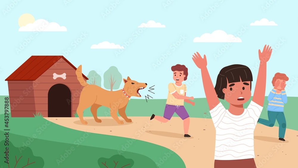 Kids run away from dog. Children fears. Cartoon boys terrified. Chain ...
