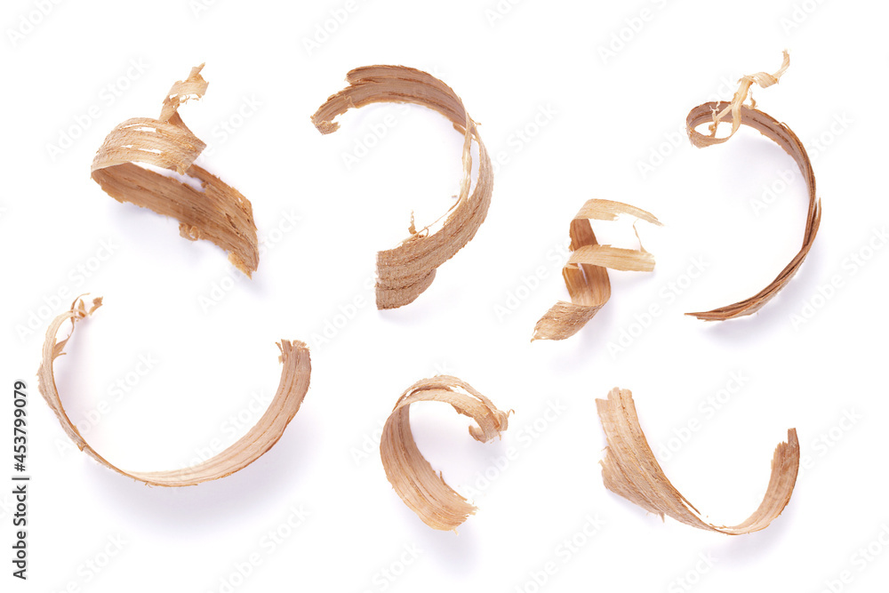 Wood shavings isolated at white background. Wooden shaving on white ...