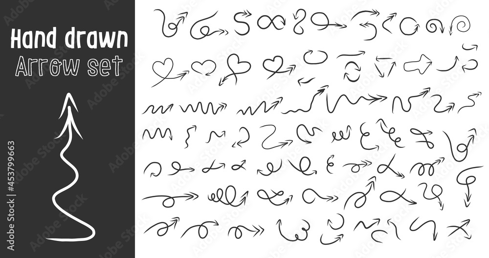 Hand drawn arrow set, big collection of pencil sketch symbols, vector ...