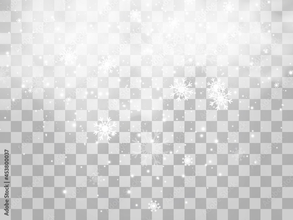 Vector illustration of flying snow on a transparent background.Natural ...