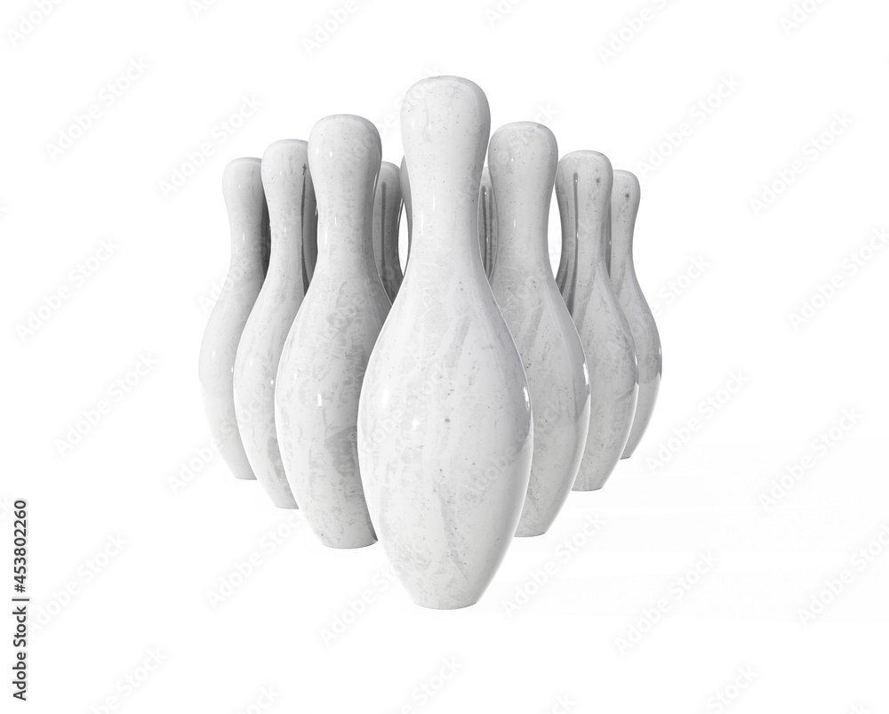 Blank white bowling ball and ten pins making strike mockup, motion blur ...