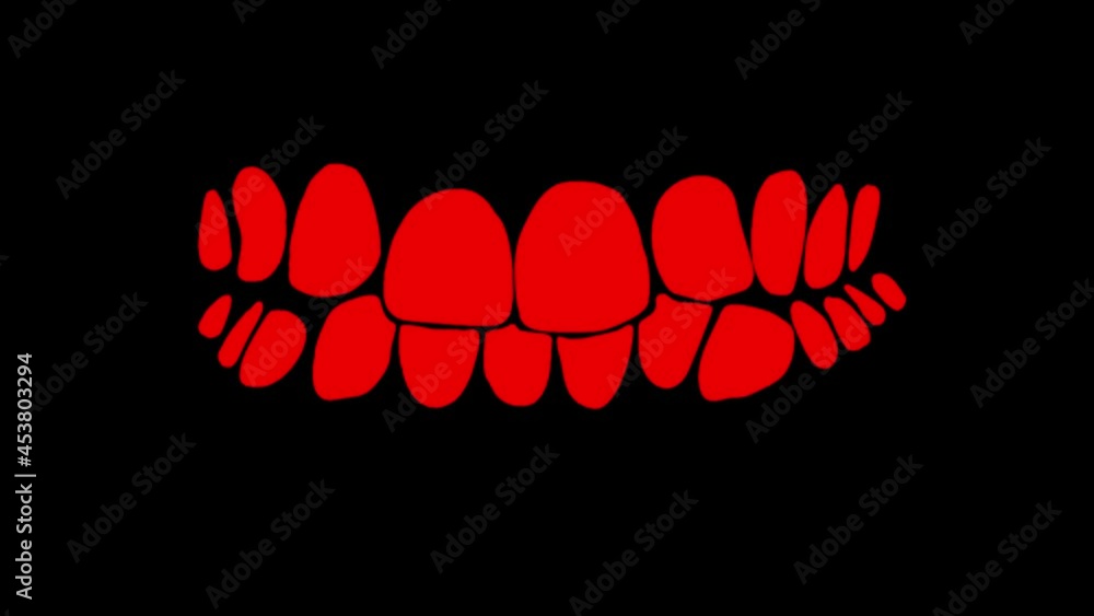 Red teeth on a black background. The mouth opens. Laughter and smile ...