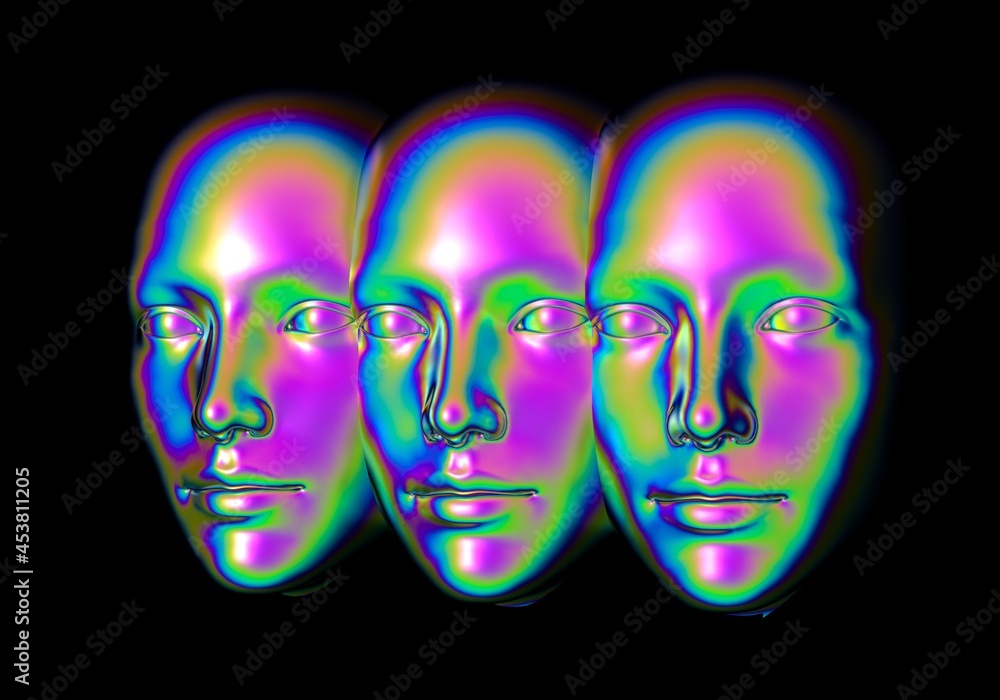 Surreal 3d illustration of multiple faces in a wall. Concept of post ...