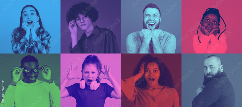 Portrait of young multiethnic people with bright facial expression on ...
