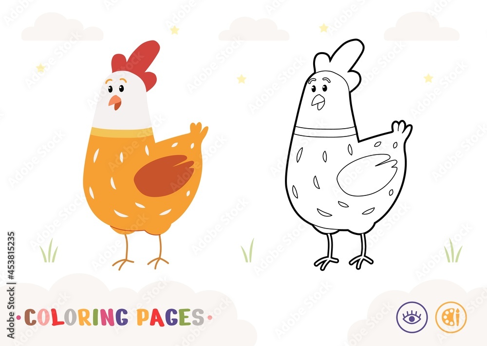 Colored template and simple colorless contour image of cartoony chicken ...