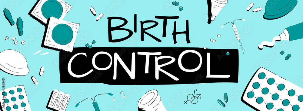 Birth control vector banner template with some devices used to prevent ...