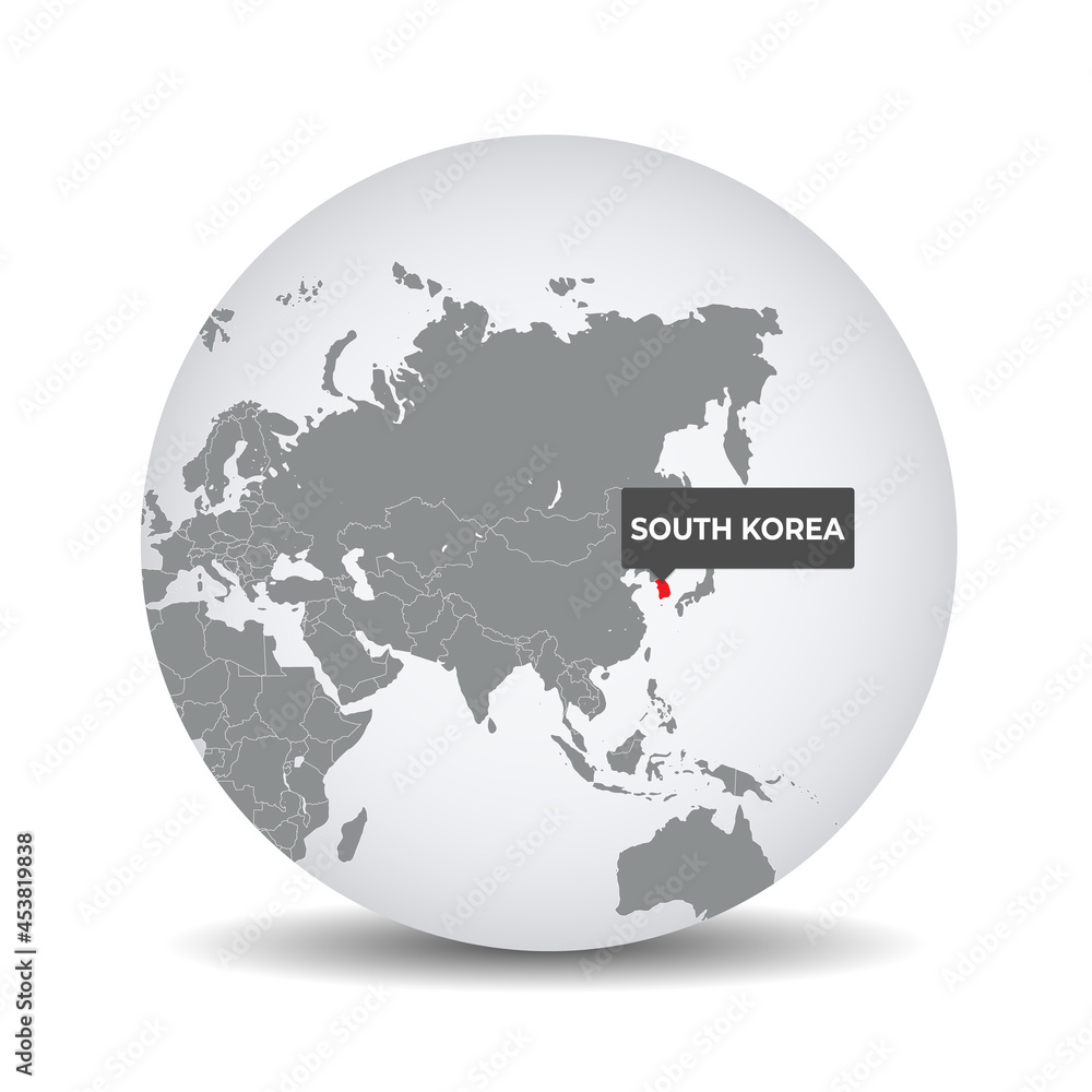 World globe map with the identication of South Korea. Map of South ...