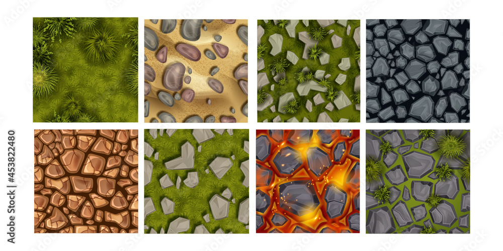 Game ground seamless pattern vector set, cartoon land top view texture ...